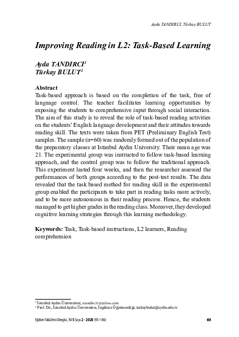(PDF) Improving Reading in L2: Task-Based Learning