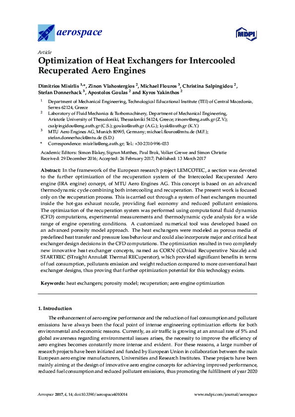 (PDF) Optimization of Heat Exchangers for Intercooled Recuperated Aero Engines