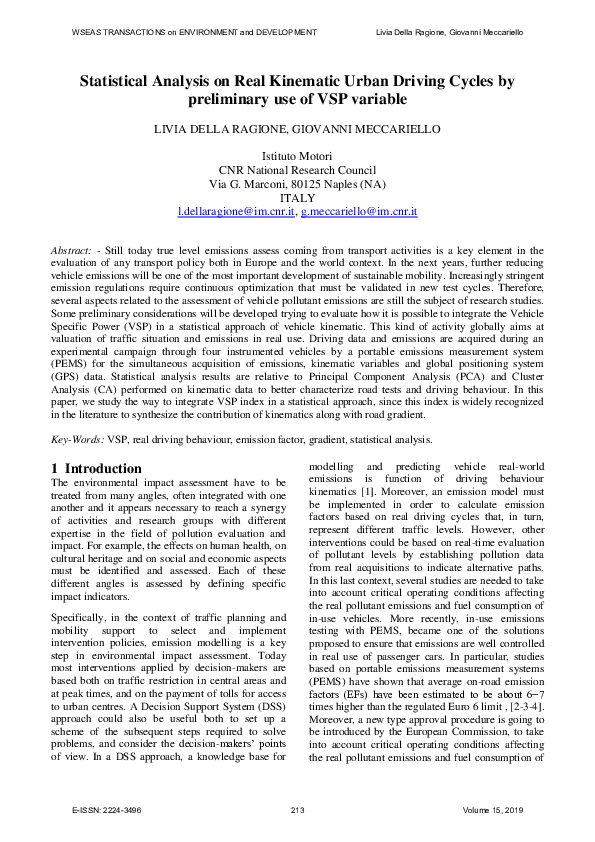 (PDF) Statistical Analysis on Real Kinematic Urban Driving Cycles by ...