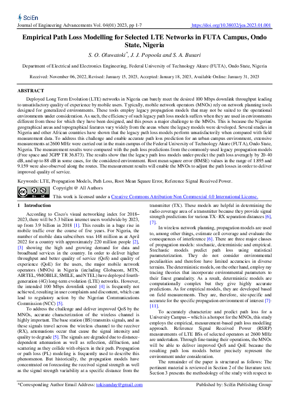 Pdf Empirical Path Loss Modelling For Selected Lte Networks In Futa