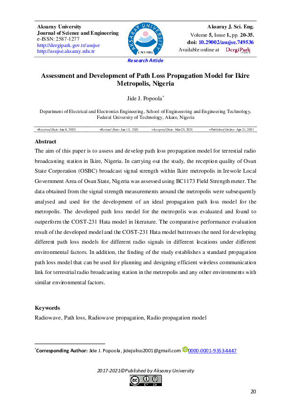 Pdf Assessment And Development Of Path Loss Propagation Model For Ikire Metropolis Nigeria