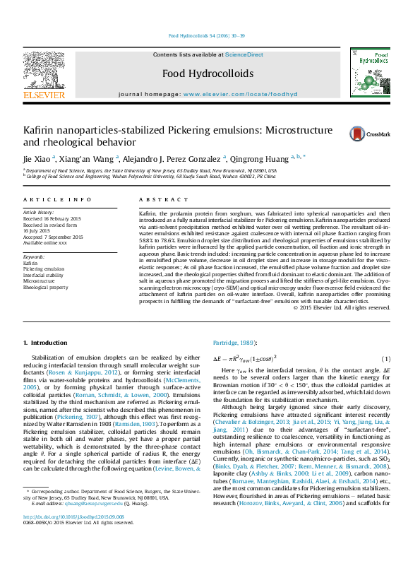 (PDF) Kafirin nanoparticles-stabilized Pickering emulsions: Microstructure and rheological behavior