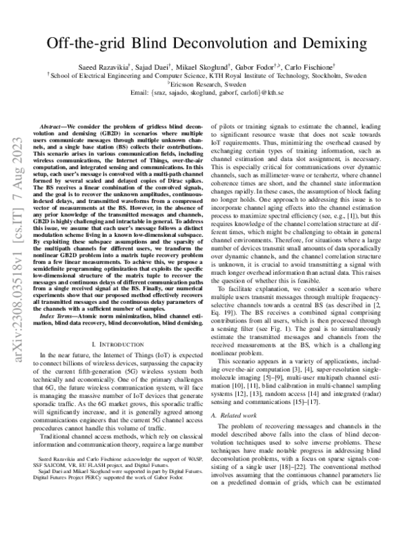 (PDF) Gridless Blind Deconvolution and Demixing via Optimization