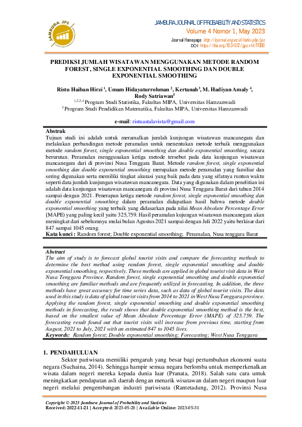 (PDF) Prediksi Jumlah Wisatawan Menggunakan Metode Random Forest, Single Exponential Smoothing ...