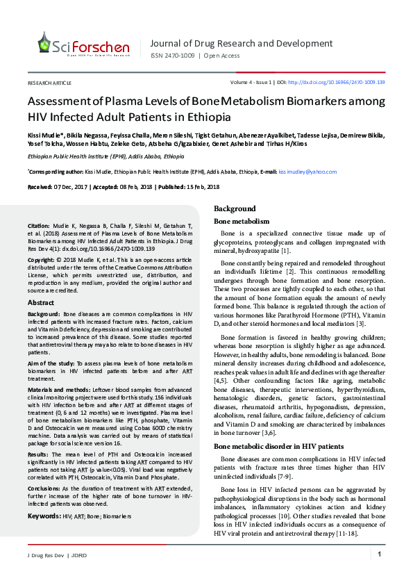 (PDF) Assessment of Plasma Levels of Bone Metabolism Biomarkers among ...
