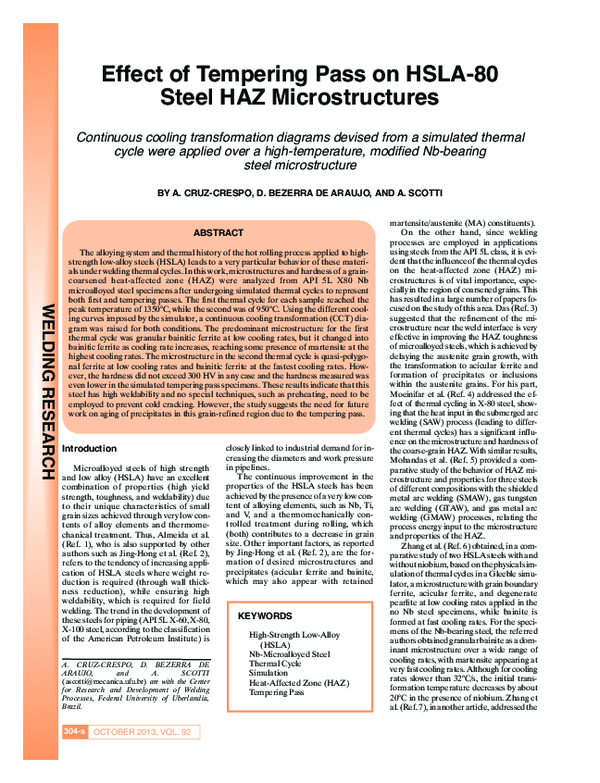 (PDF) Effect of Tempering Pass on HSLA-80 Steel HAZ Microstructures