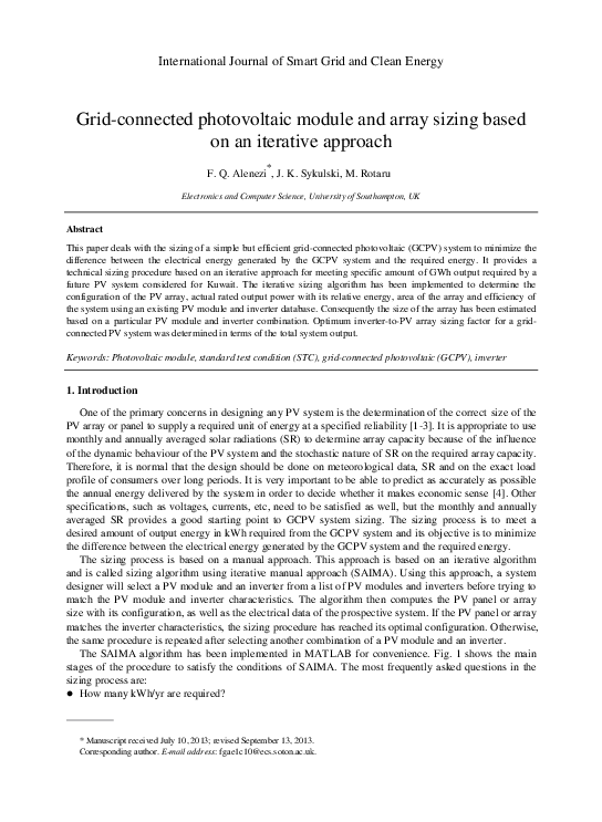 Pdf Grid Connected Photovoltaic Module And Array Sizing Based On An