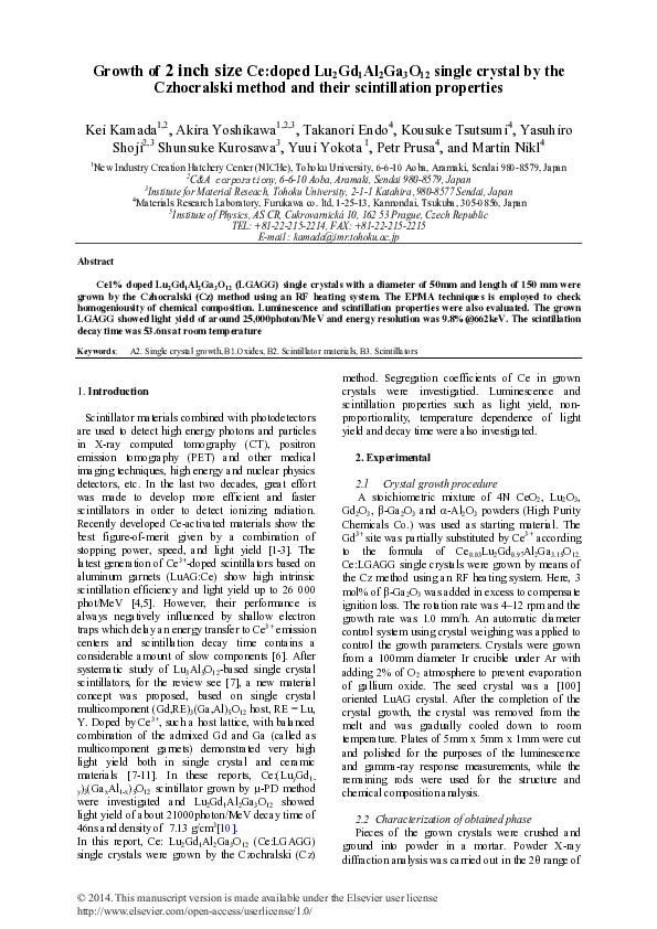 (PDF) Growth of 2-inch size Ce:doped Lu2Gd1Al2Ga3O12 single crystal by the Czochralski method ...