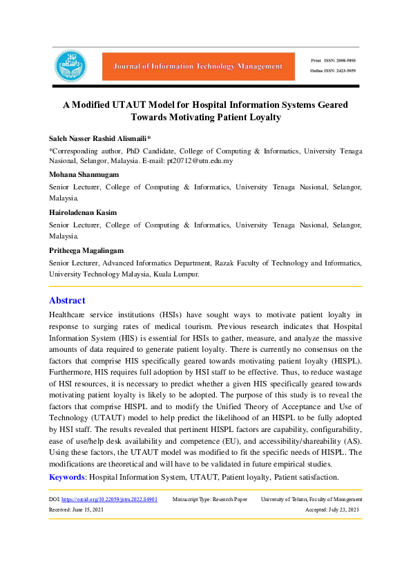 (PDF) A Modified UTAUT Model for Hospital Information Systems Geared ...