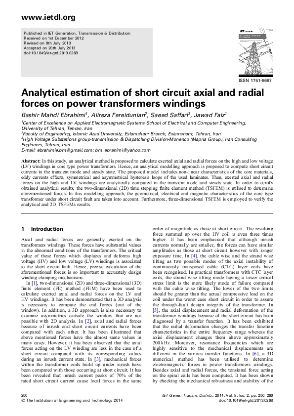 Pdf Analytical Estimation Of Short Circuit Axial And Radial Forces On Power Transformers Windings