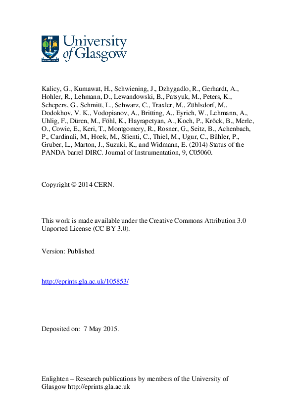 (PDF) Status of the PANDA Barrel DIRC