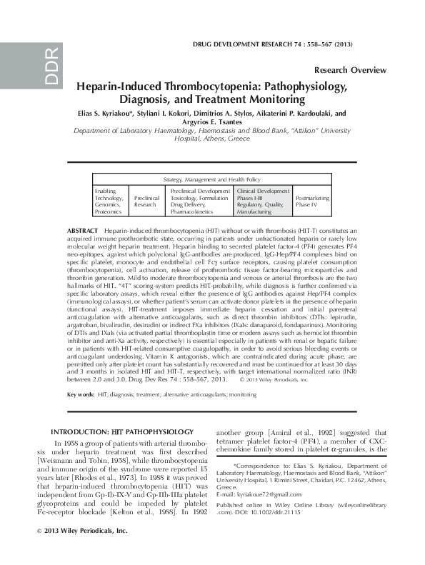 (PDF) Heparin‐Induced Thrombocytopenia: Pathophysiology, Diagnosis, and ...