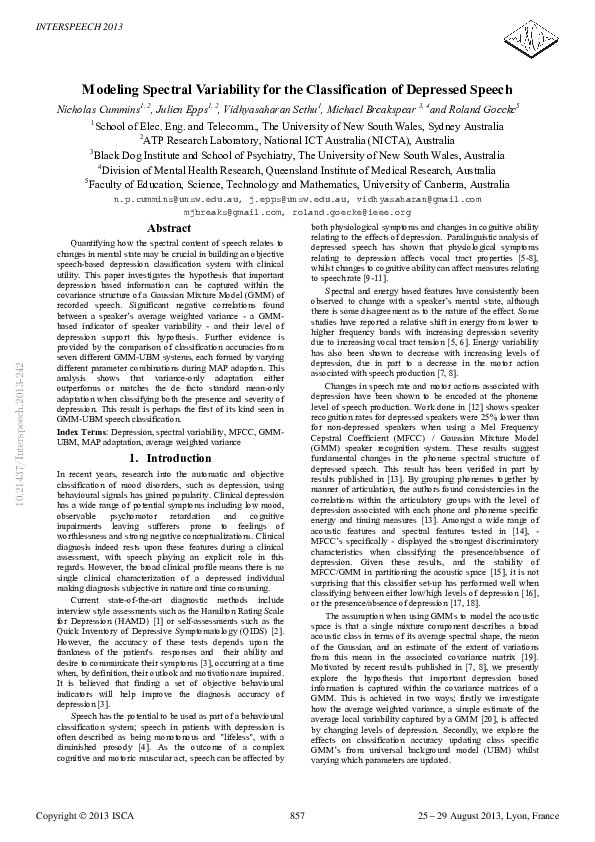 (PDF) Modeling spectral variability for the classification of depressed speech | Roland Goecke ...
