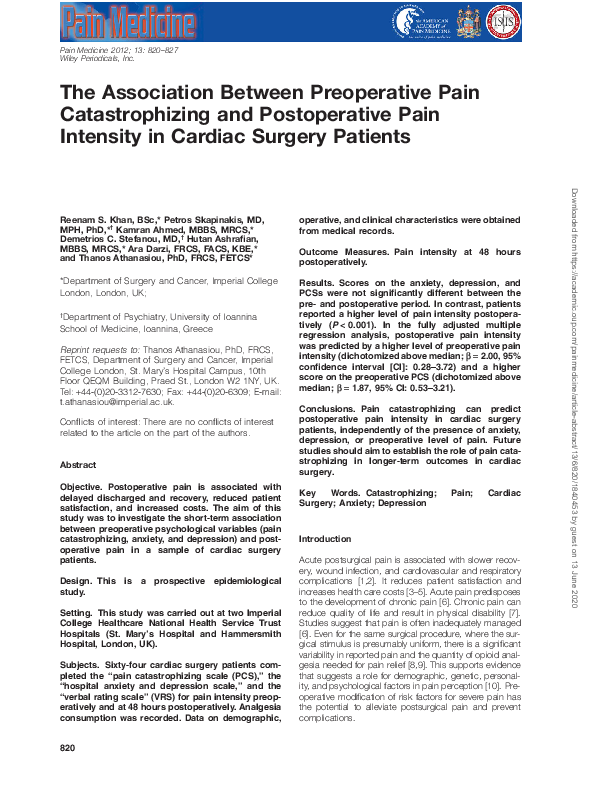(PDF) The Association Between Preoperative Pain Catastrophizing and ...