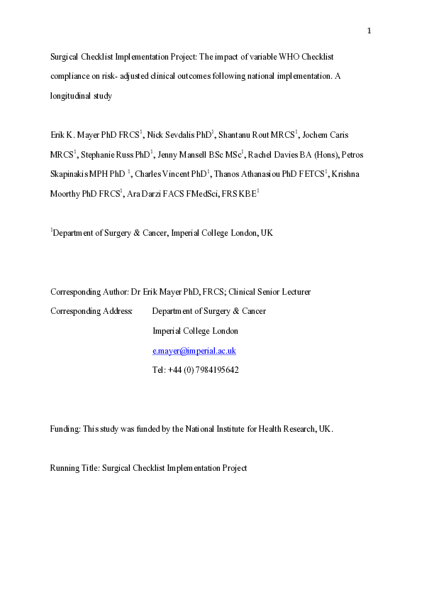 (PDF) Surgical Checklist Implementation Project: The Impact of Variable ...