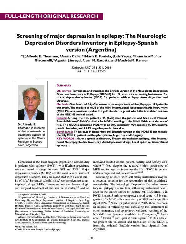 (PDF) Screening of major depression in epilepsy: The Neurologic ...
