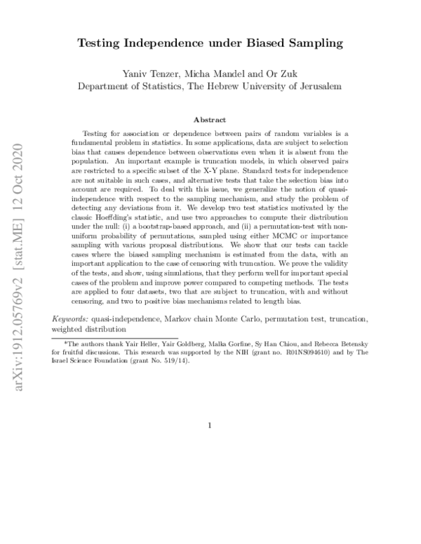 (PDF) Testing Independence Under Biased Sampling | Yaniv Tenzer ...