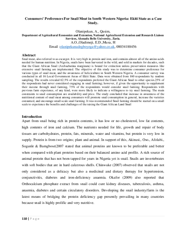 (PDF) Consumers' Preferences For Snail Meat in South Western Nigeria ...
