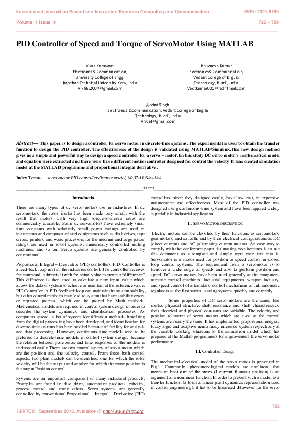 Pdf Pid Controller Of Speed And Torque Of Servomotor Using Matlab