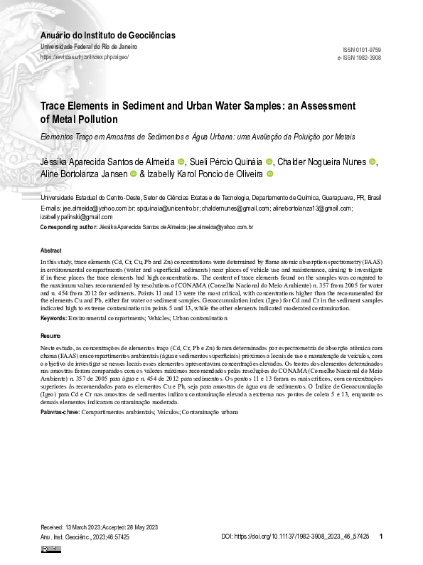 (PDF) Trace Elements in Sediment and Urban Water Samples: an Assessment of Metal Pollution