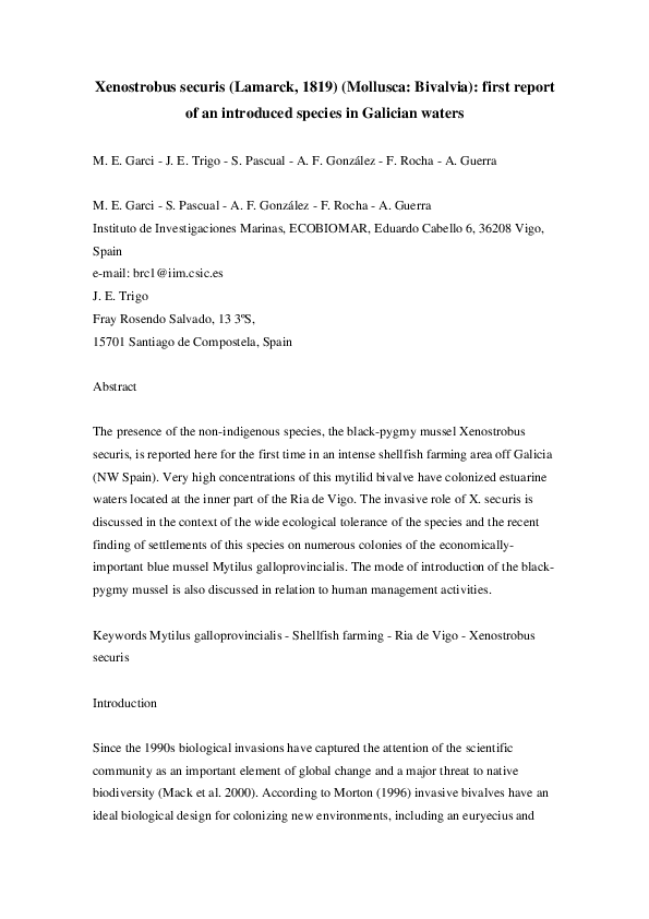 (PDF) Xenostrobus securis (Lamarck, 1819) (Mollusca: Bivalvia): first ...