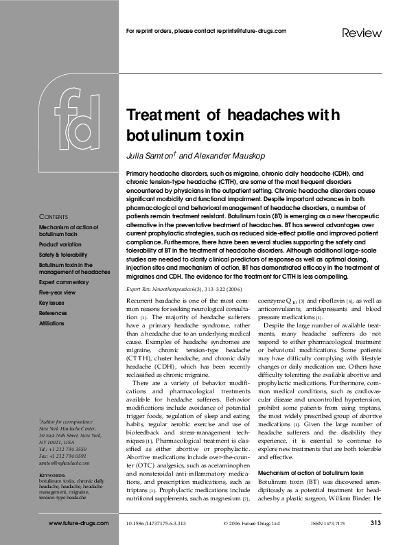 (PDF) Treatment of headaches with botulinum toxin
