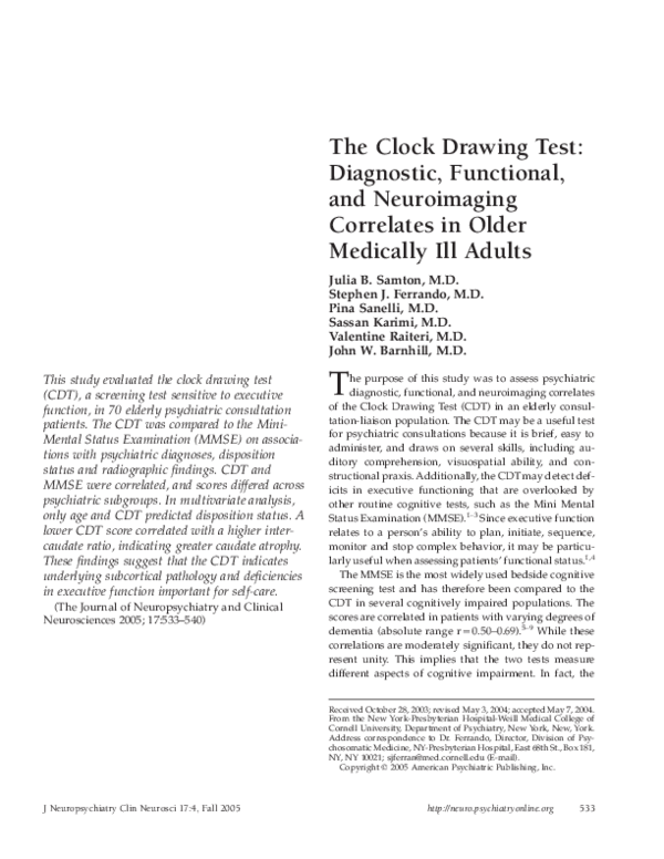 (PDF) The Clock Drawing Test: Diagnostic, Functional, and Neuroimaging ...
