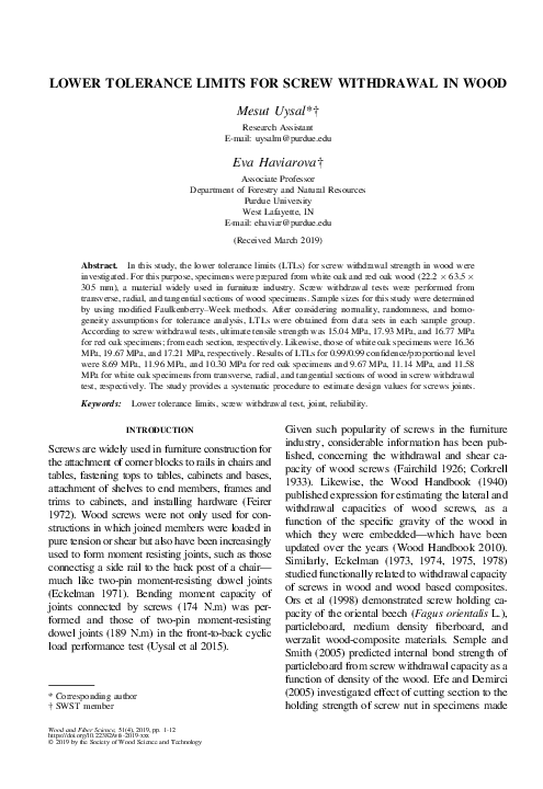 (PDF) Lower Tolerance Limits for Screw Withdrawal in Wood