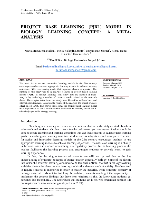 (PDF) PROJECT BASE LEARNING (PjBL) MODEL IN BIOLOGY LEARNING CONCEPT: A META-ANALYSIS