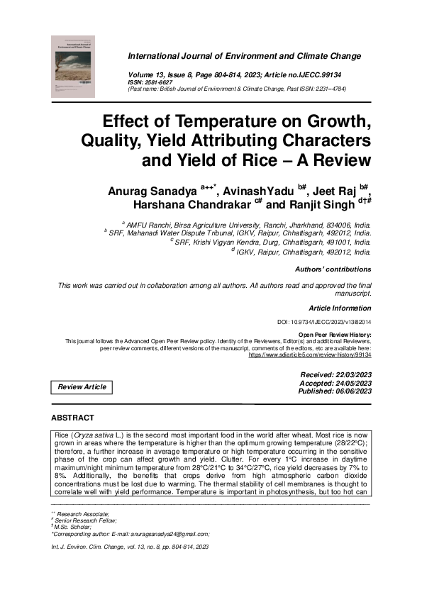 Pdf Effect Of Temperature On Growth Quality Yield Attributing Characters And Yield Of Rice