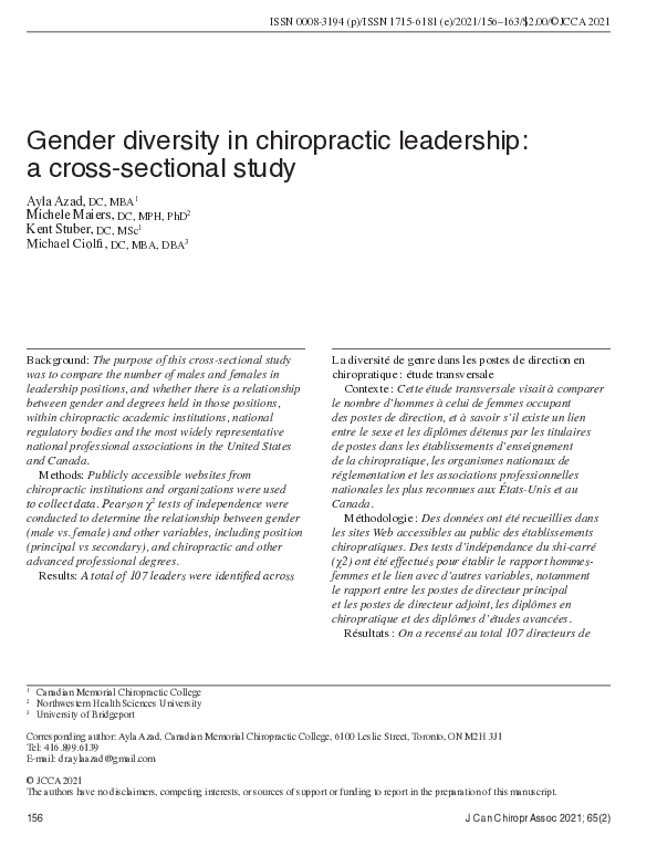 (PDF) Gender diversity in chiropractic leadership: a cross-sectional study
