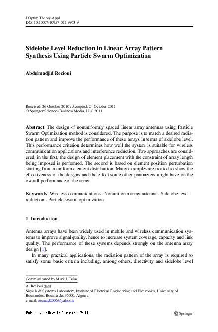 (PDF) Sidelobe Level Reduction in Linear Array Pattern Synthesis Using Particle Swarm Optimization