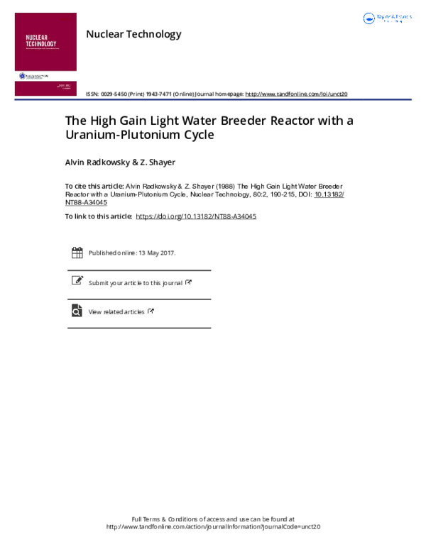 (PDF) The High Gain Light Water Breeder Reactor with a Uranium ...