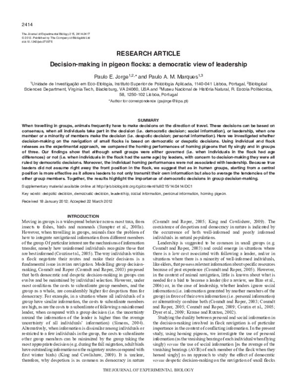 (PDF) Decision-making in pigeon flocks: a democratic view of leadership