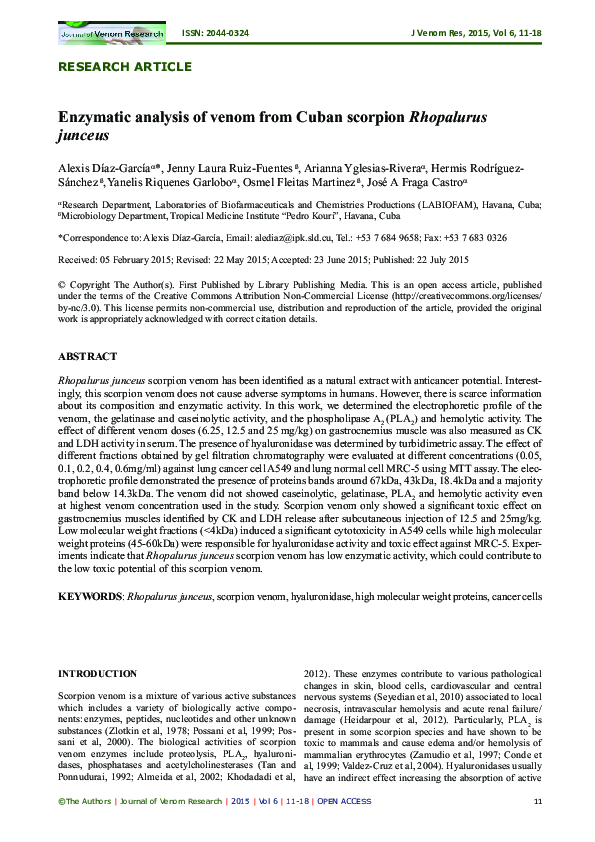 (PDF) Enzymatic analysis of venom from Cuban scorpion Rhopalurus junceus