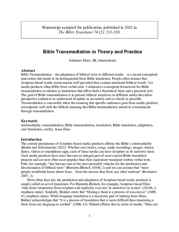 (PDF) Bible Transmediation in Theory and Practice