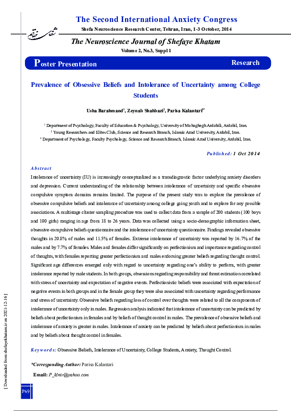 (PDF) P69: Prevalence of Obsessive Beliefs and Intolerance of ...
