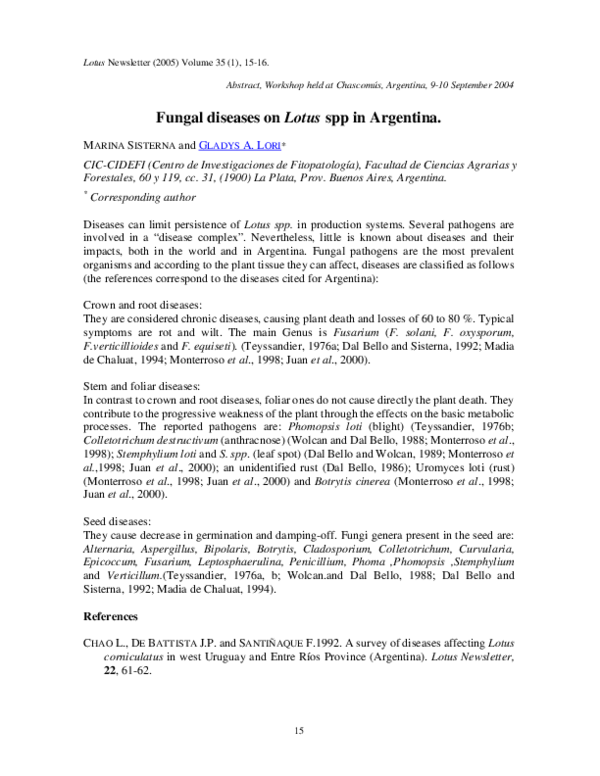 (PDF) Fungal diseases on Lotus spp in Argentina | Marina Sisterna ...