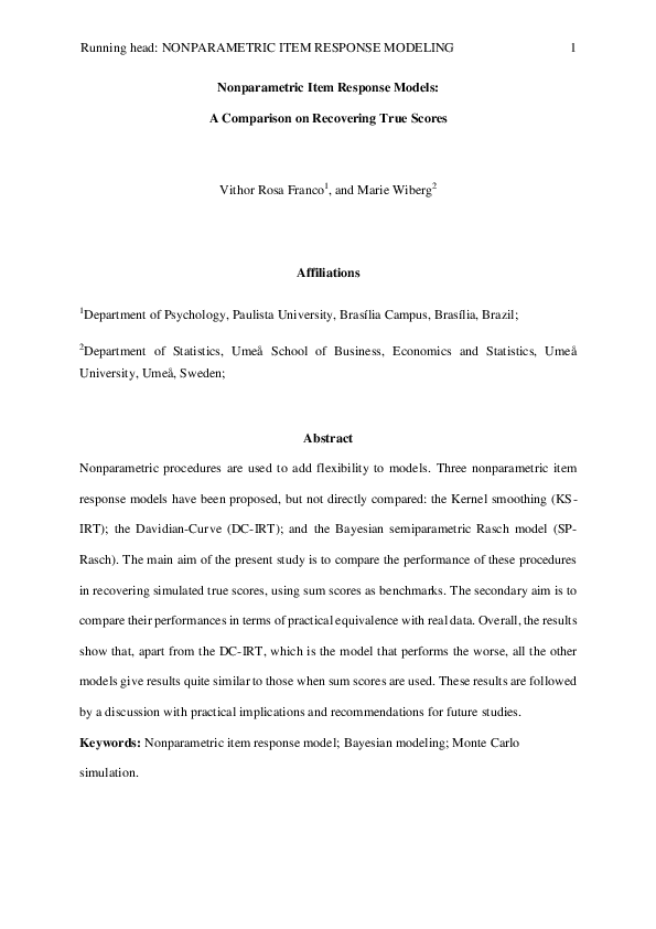 Pdf Nonparametric Item Response Models A Comparison On Recovering True Scores 3786