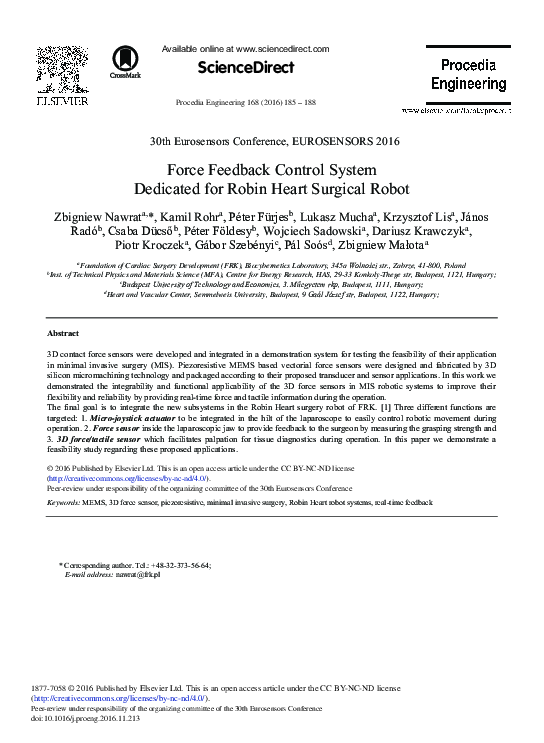 (PDF) Force Feedback Control System Dedicated for Robin Heart Surgical ...