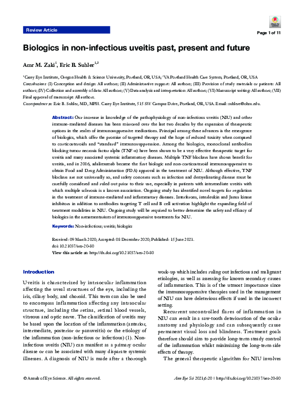 (PDF) Biologics in non-infectious uveitis past, present and future