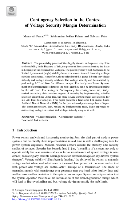 (PDF) Contingency Selection in the Context of Voltage Security Margin Determination | Subham ...