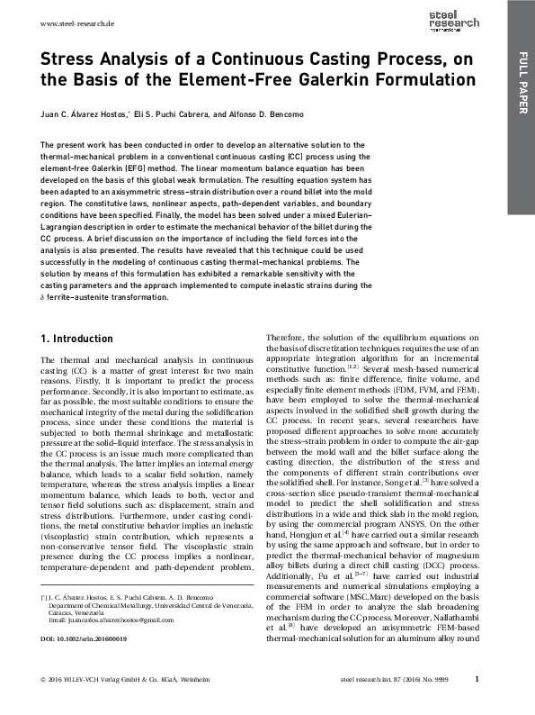(PDF) Stress Analysis of a Continuous Casting Process, on the Basis of the Element-Free Galerkin ...