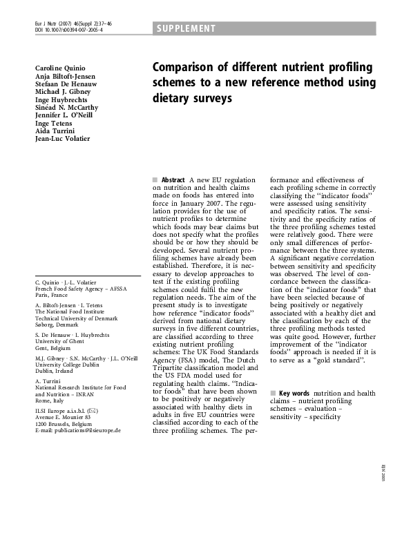 Pdf Comparison Of Different Nutrient Profiling Schemes To A New Reference Method Using Dietary