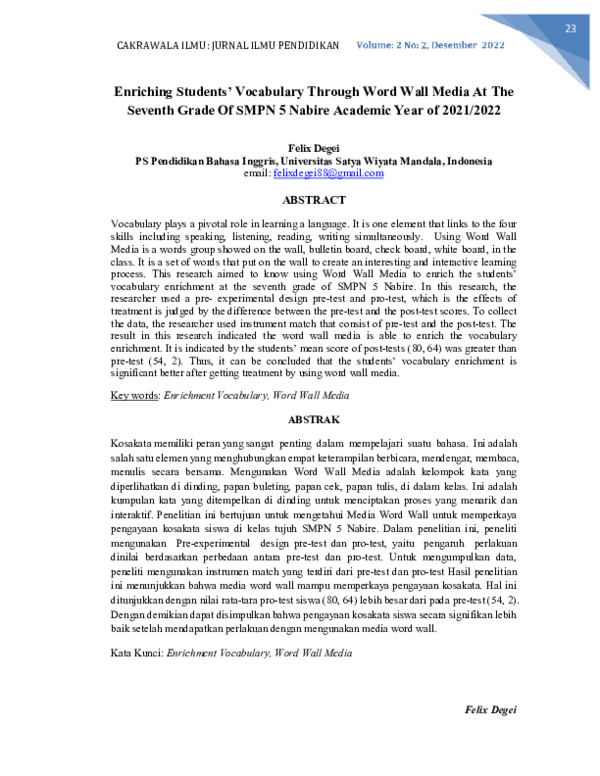 (PDF) Enriching Students’ Vocabulary Through Word Wall Media At The Seventh Grade Of SMP N 5 ...