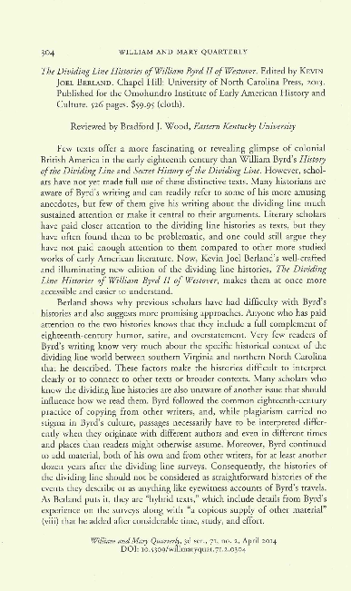 (PDF) The Dividing Line Histories of William Byrd II of Westover . Edited by Kevin Joel Berland