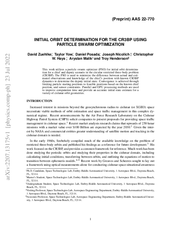 (PDF) Initial Orbit Determination for the CR3BP using Particle Swarm ...