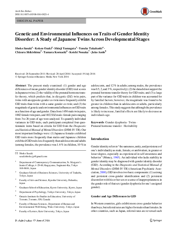(PDF) Genetic and Environmental Influences on Traits of Gender Identity ...
