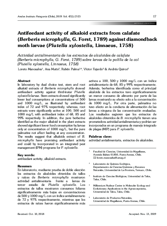 (PDF) Antifeedant activity of alkaloid extracts from calafate ...