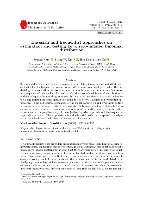 Pdf Bayesian And Frequentist Approaches On Estimation And Testing For A Zero Inflated Binomial